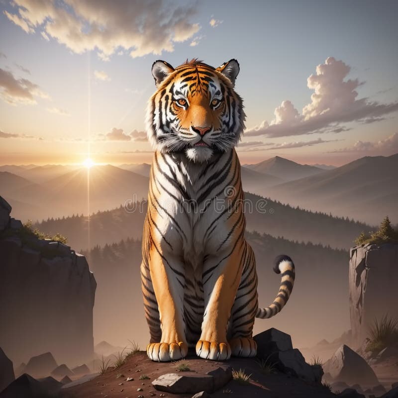 Tiger Standing on Hill at Sunset with the Sun in the Background ...