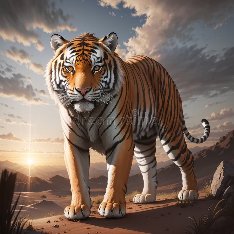 Tiger Standing on Hill at Sunset with the Sun in the Background ...