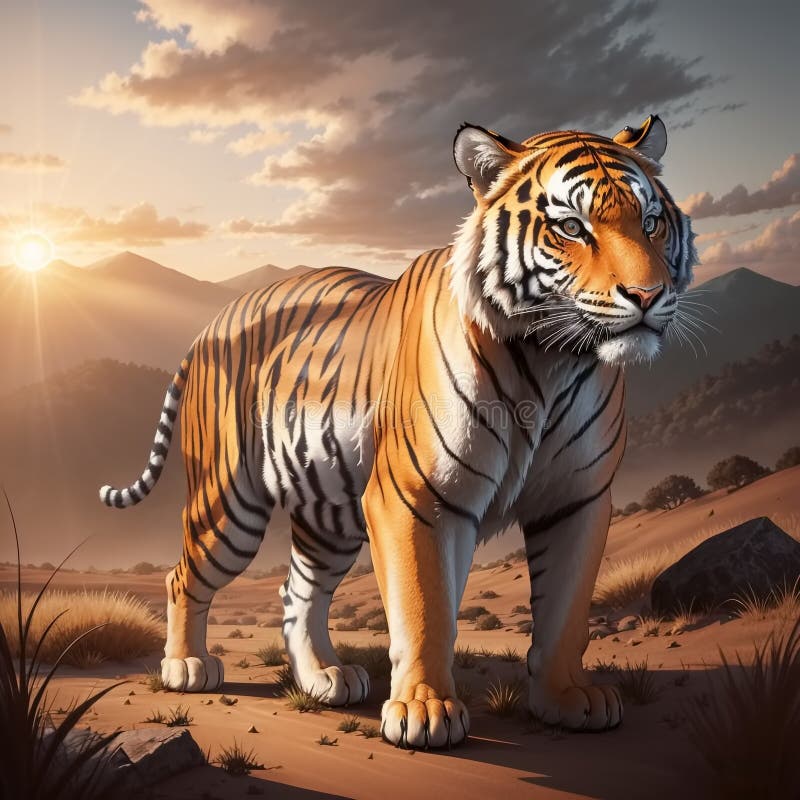 Tiger Standing on Hill at Sunset with the Sun in the Background ...