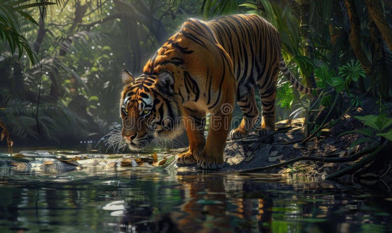 Tiger Standing on a Riverbank Drinking Water Stock Photo - Image of ...