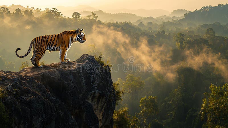 Tiger Standing on Rocky Cliff in Dense Misty Forest Stock Illustration ...