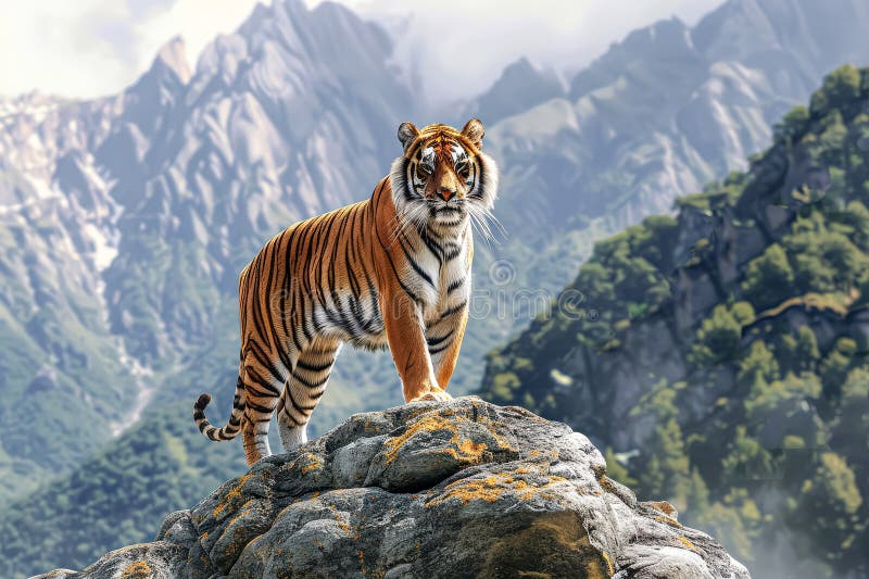 Tiger Stands on a Rock in Front of a Mountain Stock Photo - Image of ...