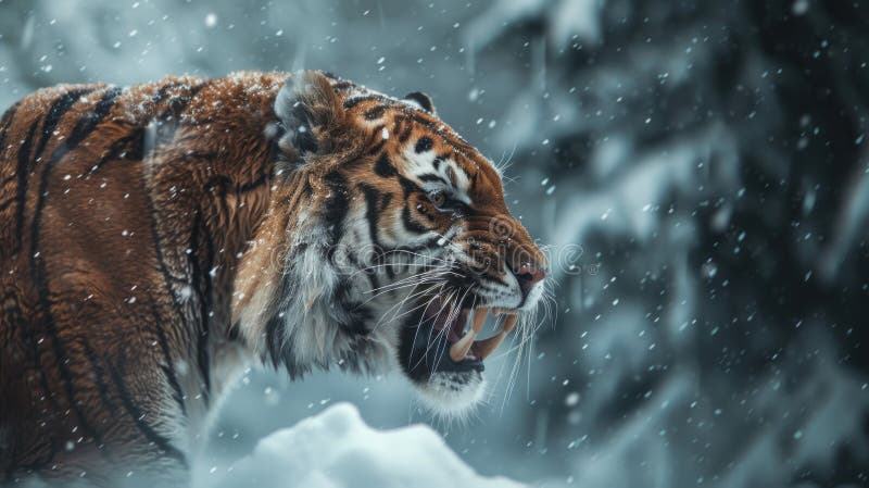 A Tiger Stands in the Snow with Its Mouth Open Stock Photo - Image of ...
