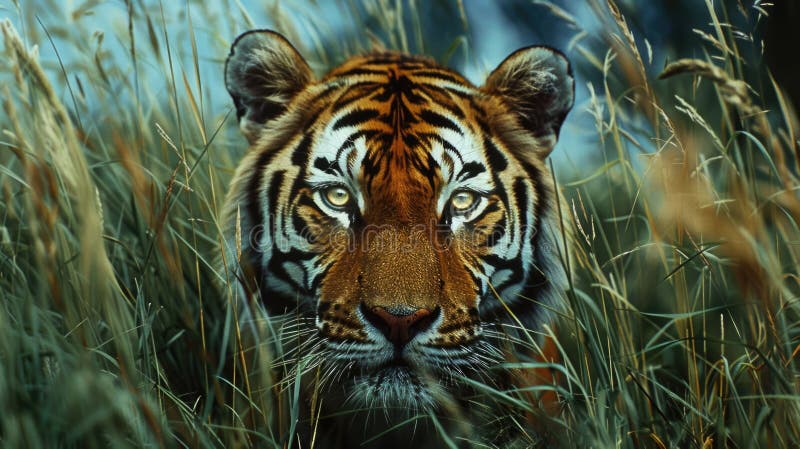 A Tiger Stands Still in Tall Grass, Looking Directly at the Camera ...