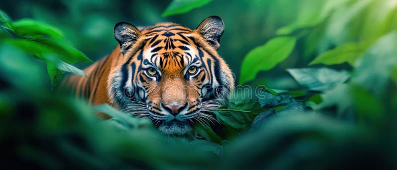 Tiger Stealthily Moving through Dense Jungle Foliage Stock Illustration ...