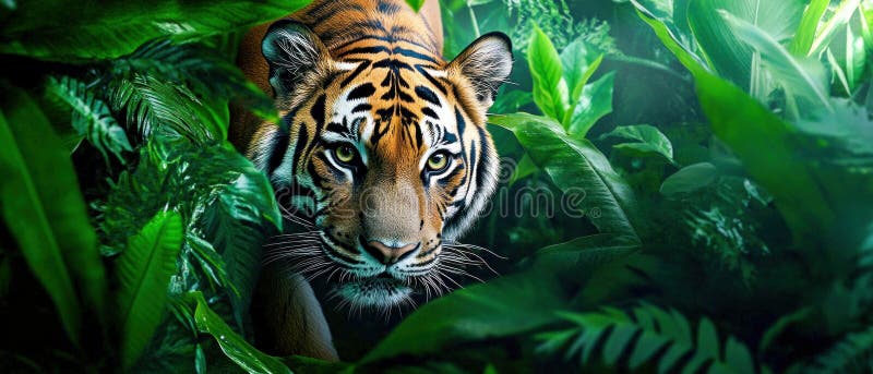 Tiger Stealthily Moving through Dense Jungle Foliage Stock Illustration ...