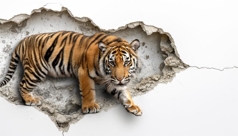 Tiger Stepping Out from a White Wall Stock Photo - Image of exploration ...