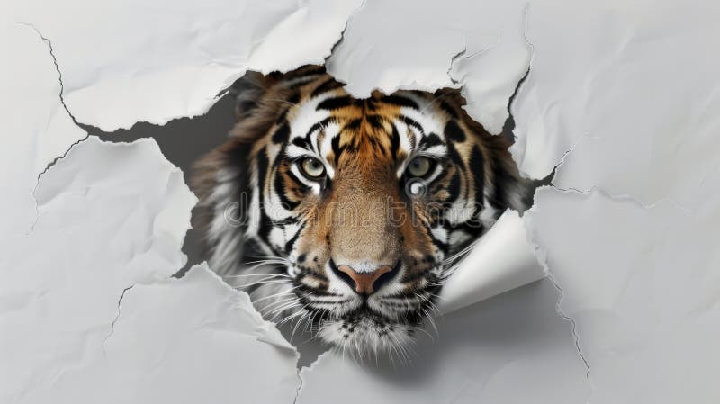 Tiger Sticking Its Head Out of a Tear in White Paper Stock Illustration ...