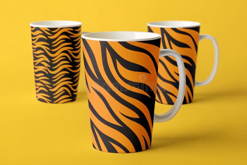 Tiger Stripe Design Coffee Cup Mockup on Yellow Background - Generated ...