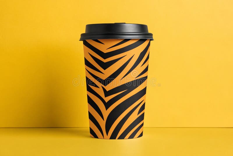 Tiger Stripe Design Coffee Cup Mockup on Yellow Background - Generated ...