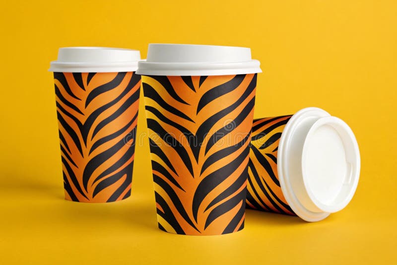 Tiger Stripe Design Coffee Cup Mockup on Yellow Background - Generated ...
