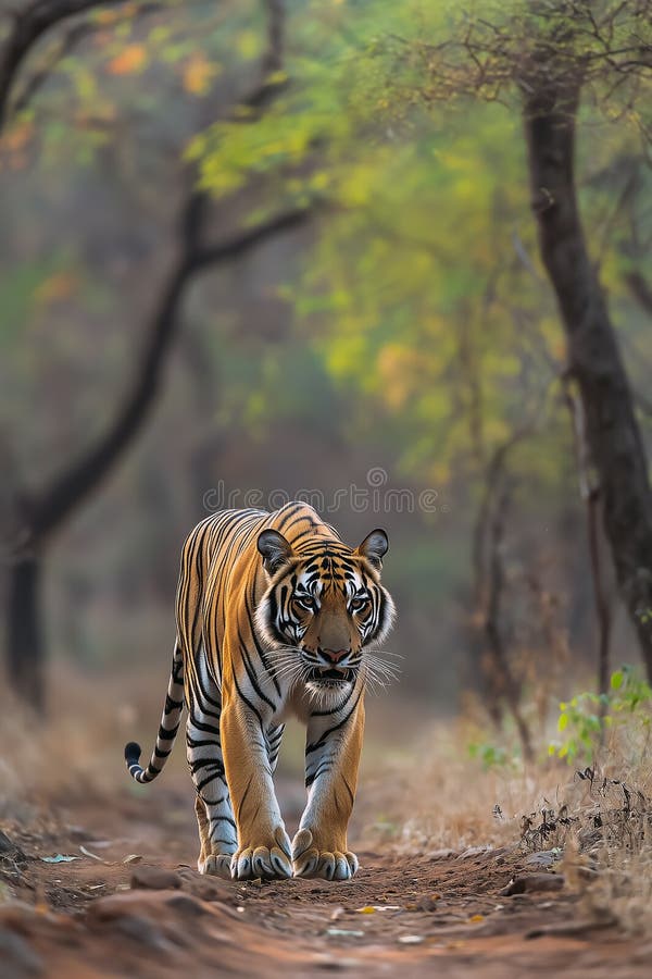 Tiger Strolling on Dirt Track in Nature Reserve. Stock Image - Image of ...