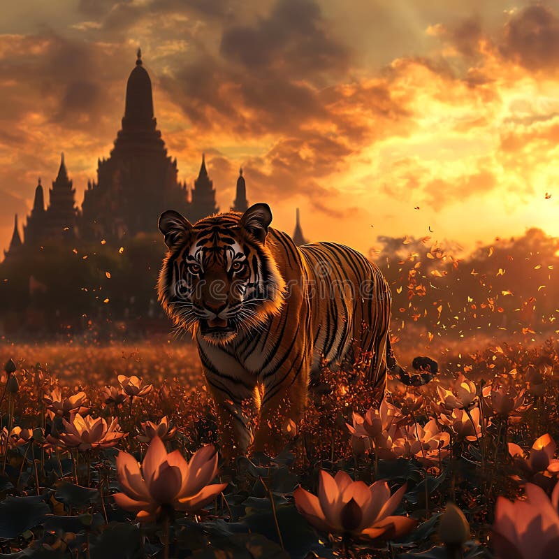 Tiger in a Sunset Landscape with Blooming Lotus Flowers Stock ...