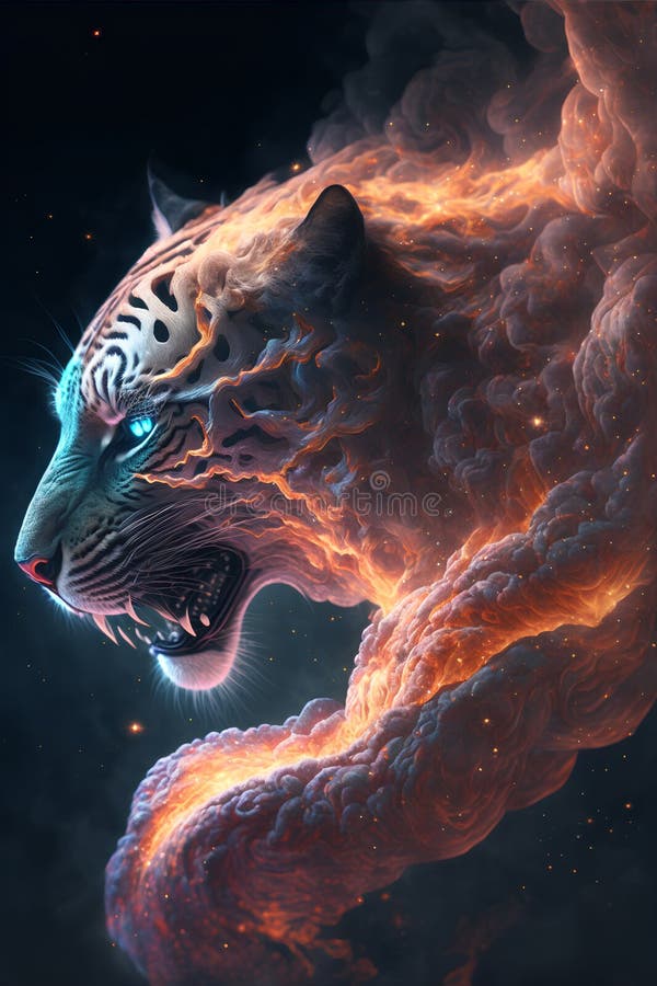 Tiger in Surreal Space. 3D Rendering of a Tiger with Fire Effect Stock ...