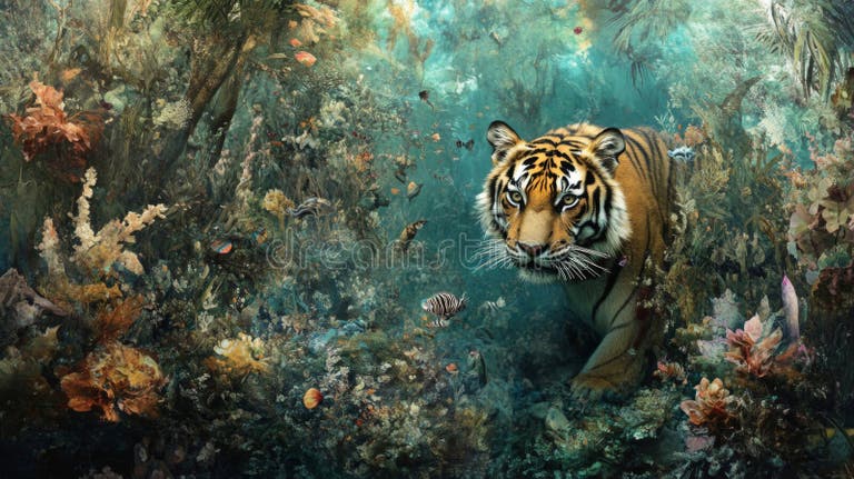 Tiger in a Surreal Underwater Jungle Stock Illustration - Illustration ...