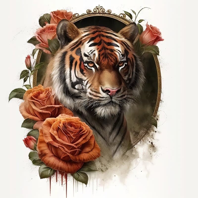 A Tiger Surrounded by Roses and a Frame with a Picture of a Tiger ...
