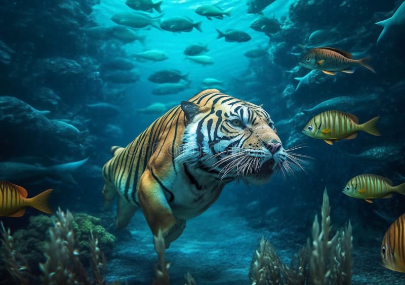 Tiger Swimming in a Deep Blue Ocean Generative AI Stock Illustration ...