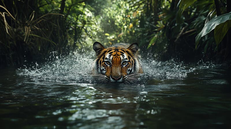 A Tiger Swimming Gracefully in a River Surrounded by Dense Jungle Pic ...