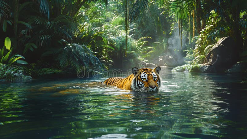 A Tiger Swimming Gracefully in a River Surrounded by Dense Jungle Pic ...