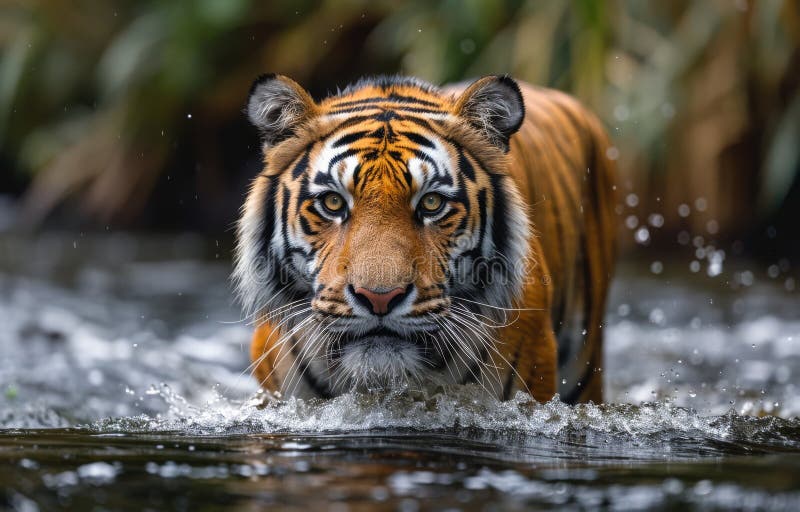 A Tiger is Swimming in a River. the Tiger is Looking at the Camera ...