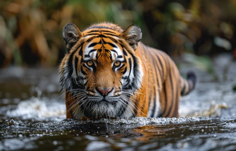 A Tiger is Swimming in a River. the Tiger is Looking at the Camera ...