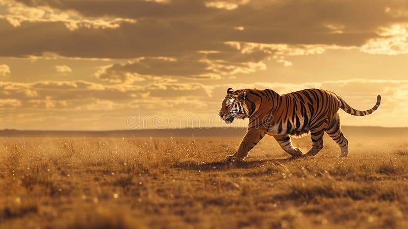 A Tiger Traverses the Plain, Its Path a Simple Straight Line Across the ...