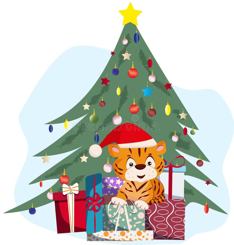 Illustration of a Cartoon Tiger in a Santa Claus Hat Sitting Under a ...
