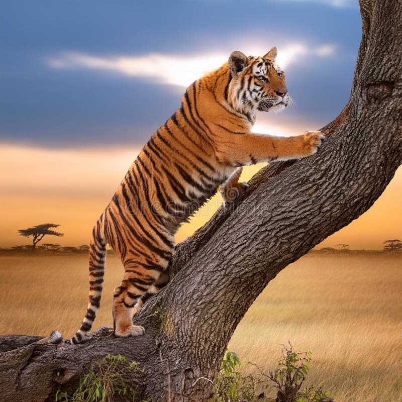 Tiger on a Tree, AI Generated Stock Illustration - Illustration of tree ...