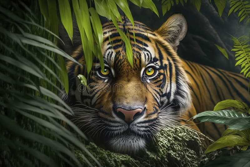 Tiger on a Tree Branch. Generative AI Stock Illustration - Illustration ...