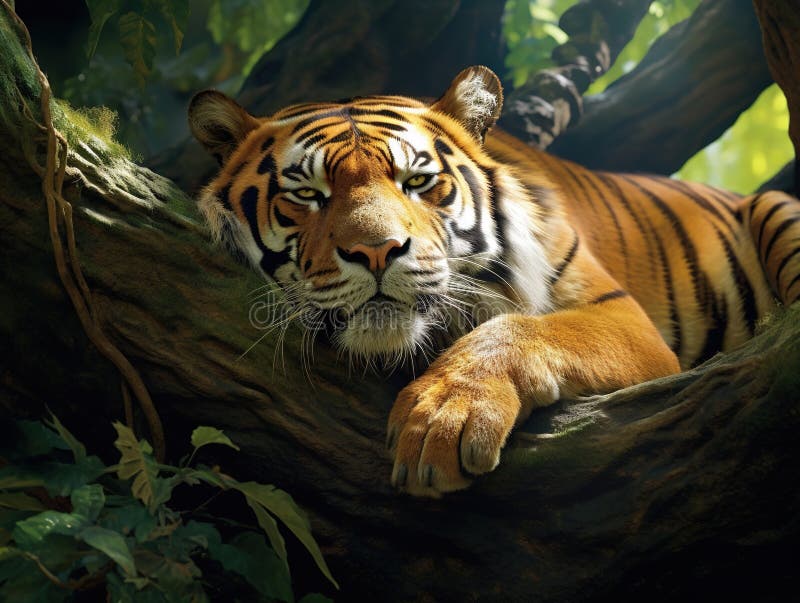 Tiger in tree stock illustration. Illustration of game - 293681308