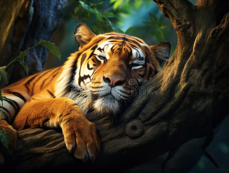 Tiger in tree stock illustration. Illustration of sleep - 293681313