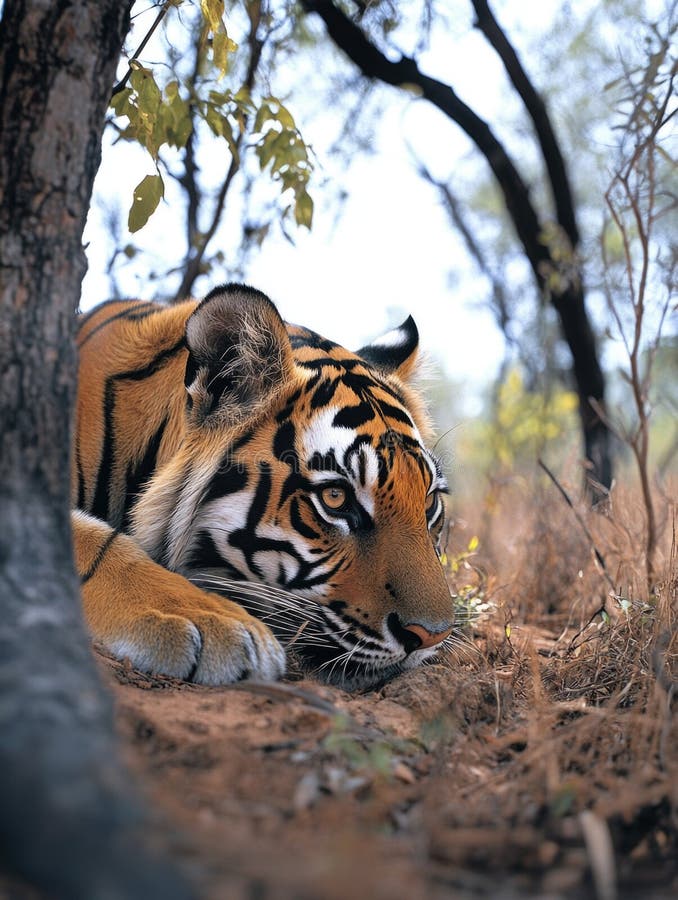 Tiger by Tree stock photo. Image of nature, animal, outdoor - 385305890