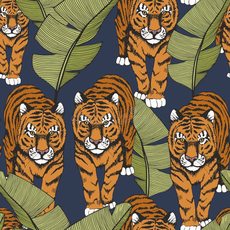 Tiger in Tropical Leaves. Seamless Pattern with Tiger and Banana Leaves ...