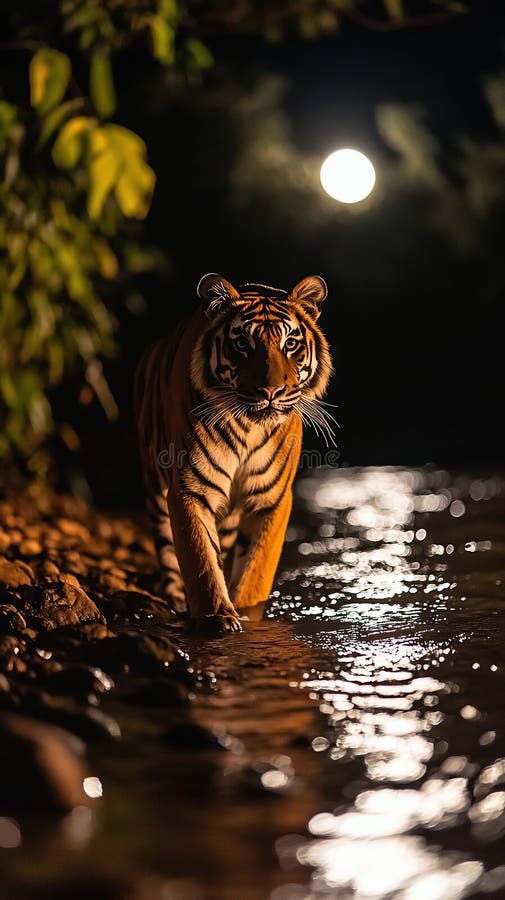 Tiger Walking through the River at Night Stock Illustration ...