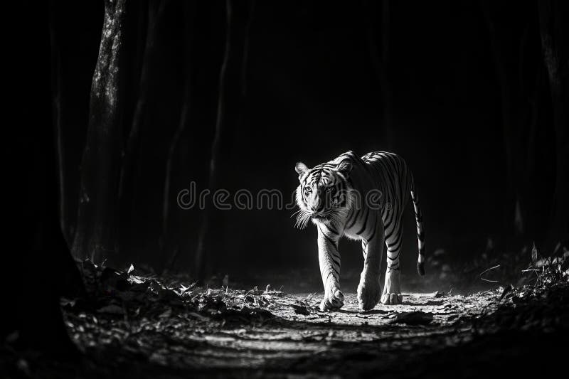 Tiger Walking in the Dark Forest at Night Stock Image - Image of bengal ...