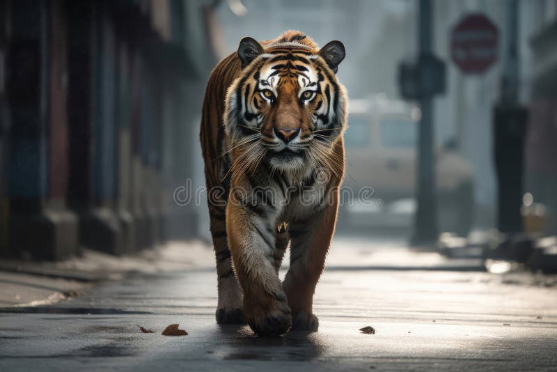 Tiger is Walking Down a City Street Stock Illustration - Illustration ...