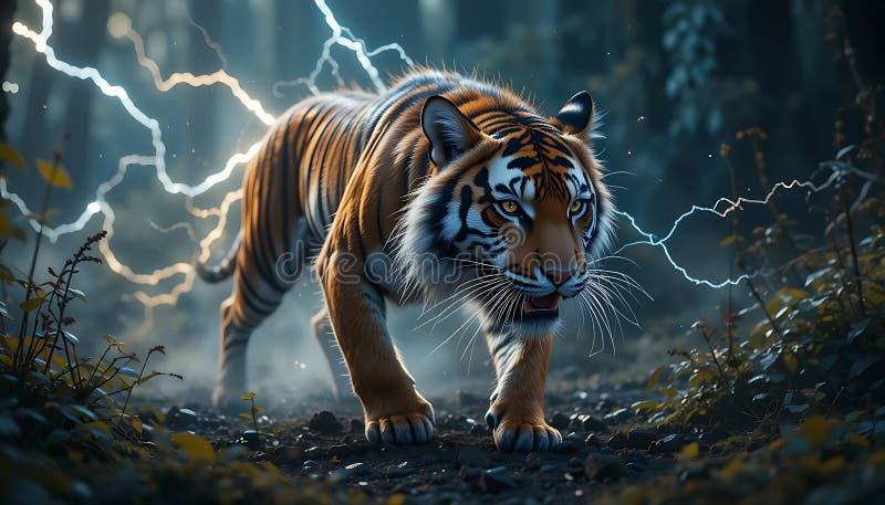 Tiger Walking in Forest with Electrical Storm Visual Effect Art Stock ...