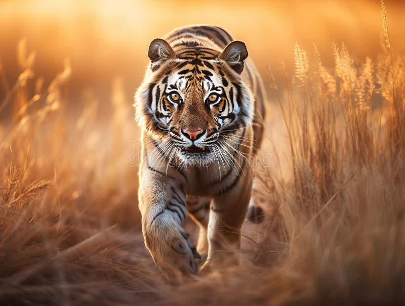 Tiger Walking in a Grassland at Sunset. AI Generated Illustration Stock ...