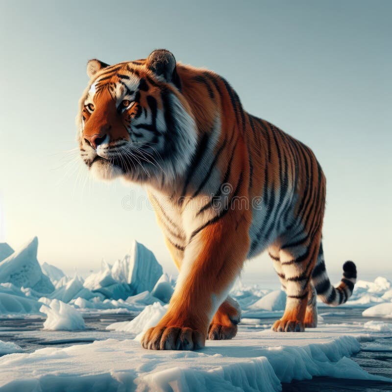 Tiger Walking on an Ice Floe. Stock Illustration - Illustration of ...