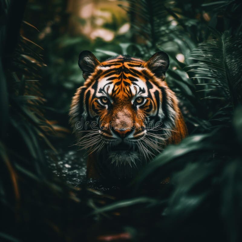 A Tiger Walking through a Jungle Filled with Leaves. Generative AI ...