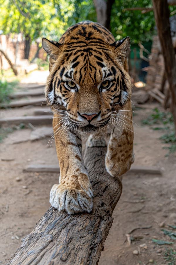 Tiger Walking on a Log in a Zoo Stock Illustration - Illustration of ...