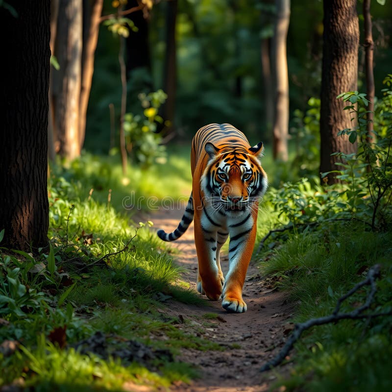 A Tiger is Walking on a Path in the Woods Stock Illustration ...