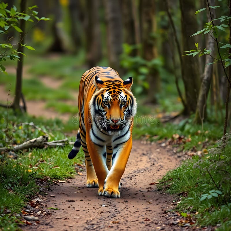 A Tiger is Walking on a Path in the Woods Stock Illustration ...