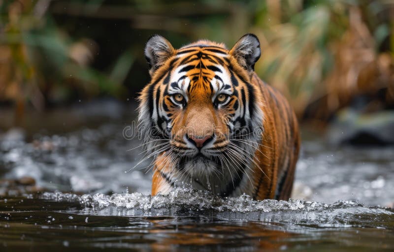 A Tiger is Walking through a River. the Tiger is Looking Directly at ...