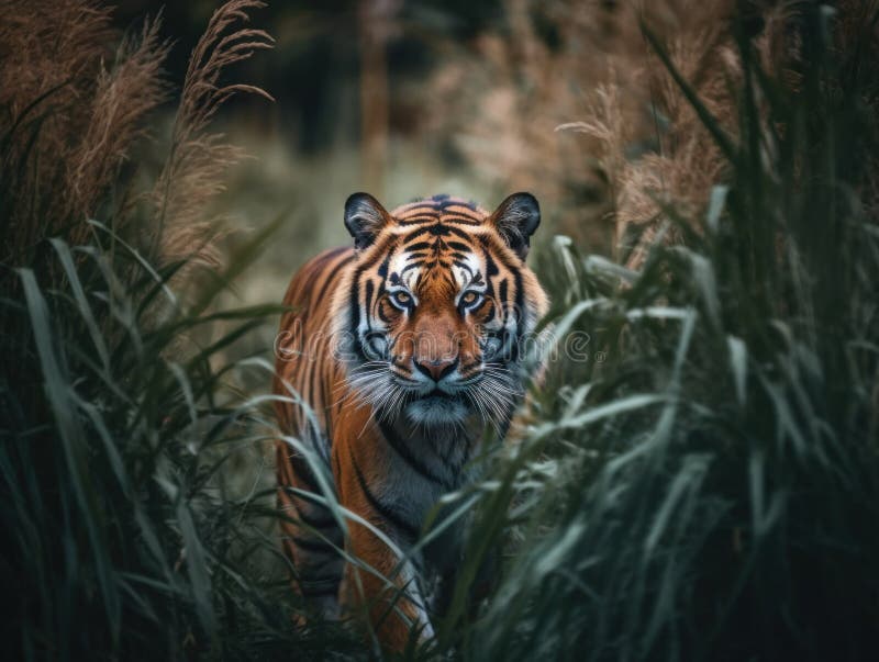 A Tiger is Walking through the Tall Grass. Generative AI Image. Stock ...
