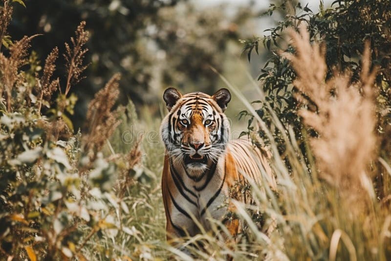 Tiger Walking in Tall Grassy Field Staring at Camera - AI Generative ...
