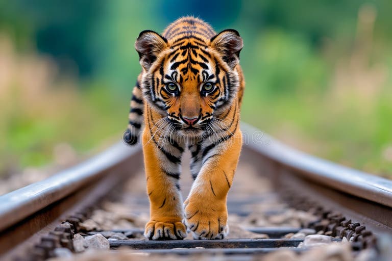 A Small Tiger Walking on a Train Track Stock Photo - Image of nature ...
