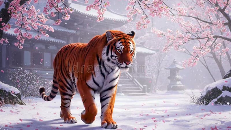 A Tiger Walking Under Cherry Blossom Trees in the Snow with Temple ...