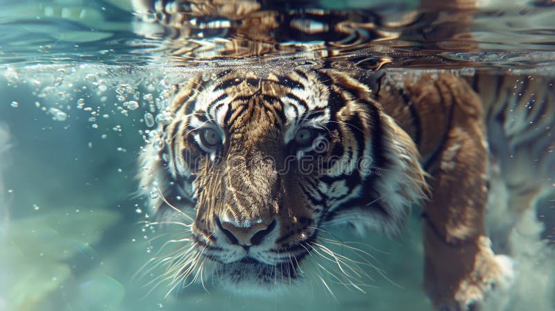 A Tiger is Walking Underwater and Looking Forward at the Camera Stock ...