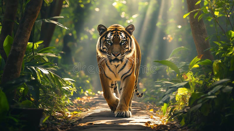 A Tiger Walks Down a Narrow Path, Surrounded by Dense Foliage and ...